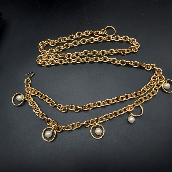 Unknown | Jewelry | Chunky Gold Tone Chain Link Belt Faux Pearl Layered ...